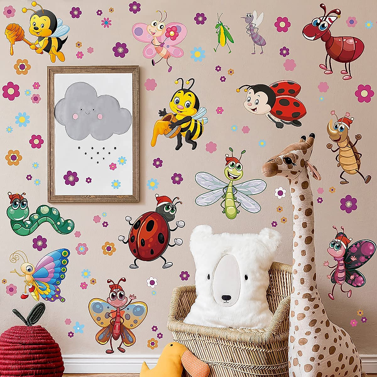 Cartoon Insect Wall Sticker DIY Removable Little Bee Flower Butterfly Ant Snake Ladybug Dragonfly Praying Mantis Peel and Stick Wall Decal Decor for Kids Baby Boys Bedroom Playroom Nursery Classroom