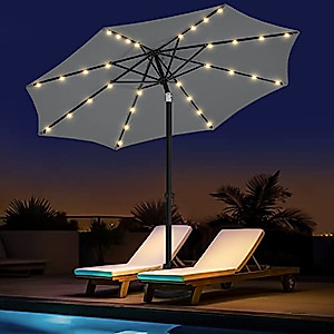 wikiwiki 9ft Outdoor Patio Table Umbrella, Sturdy Solar Led Market Umbrella for Deck, Pool, Garden w/Tilt, Crank, 32 LED Lights - Dark Grey