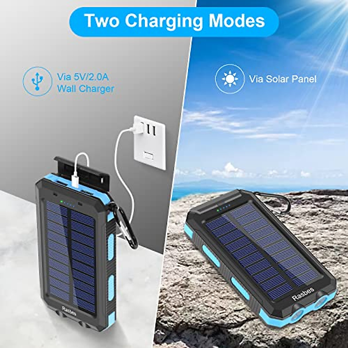 Solar Charger, 20000mAh Portable Solar Power Bank IPX5 Waterproof with Built-in Solar Panel Charger and LED Flashlight, Solar Phone Charger Battery Pack for All CellPhones.