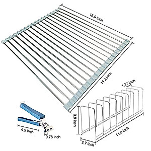HRAYLTOP Roll Up Dish Drying Rack with Pot Lid Organizer,Plate Holder Rack Over The Sink,Kitchen Foldable Multipurpose Heat Resistant Dish Drainer Rack for Fruits Vegetable and Meat 16.9" x 14.2"