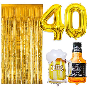 40th Birthday Decorations for Men, 40 Birthday Decorations with 40 Inch Gold 40 Number Balloons, Cheers to 40 Years Banner,Fringe Curtains and Cups Foil Balloons