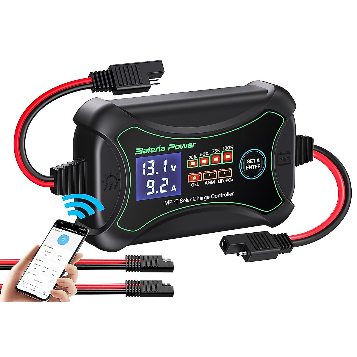 10A MPPT Wireless Solar Charge Controller with BT, Bateria Power 12 Volt Phone APP Intelligent Control Solar Regulator with LCD Display, LED Indicate Light for Gel AGM Lithium LiFePO4(Sunrock 10Pro)
