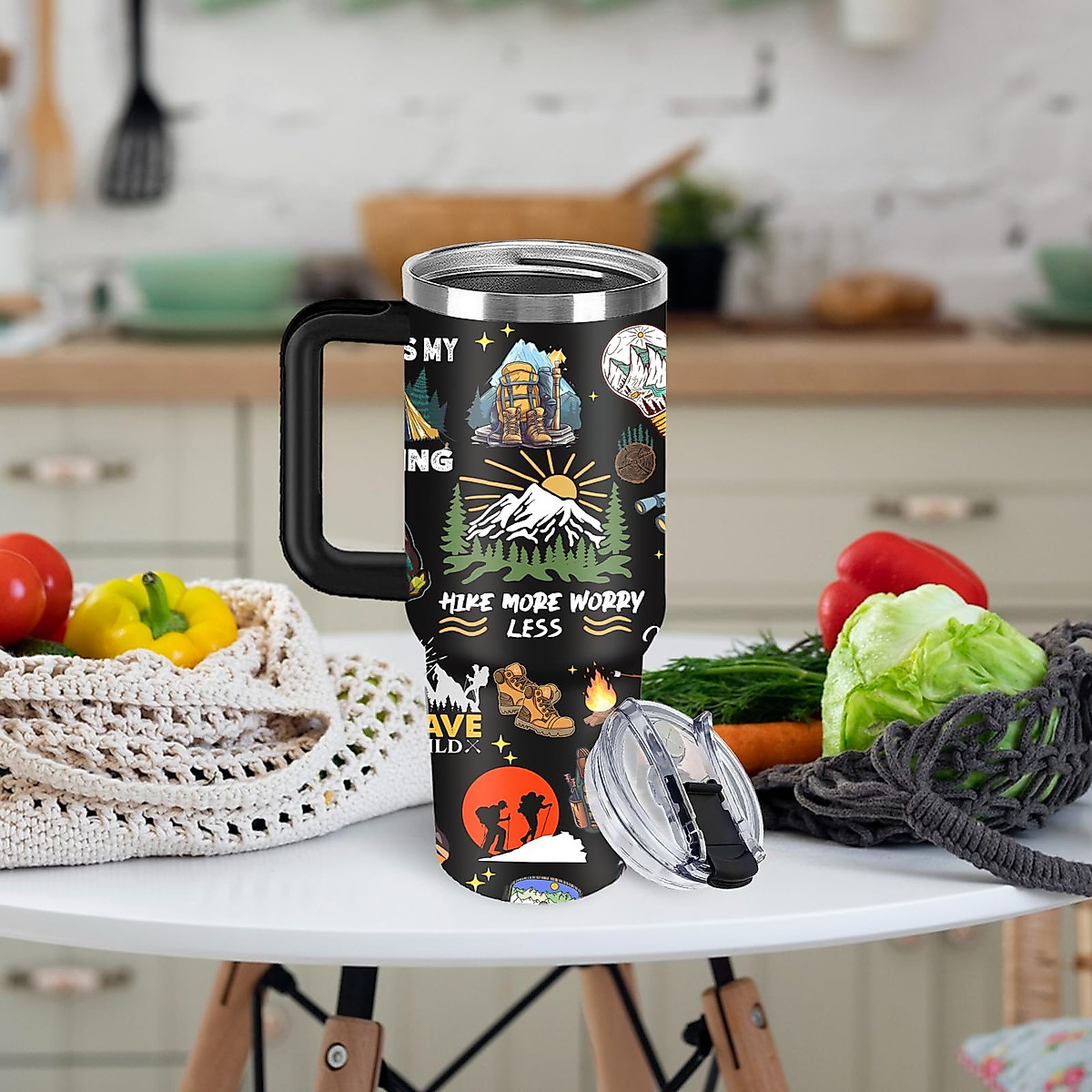 HYMONA 40oz Insulated Hiking Water Bottle - Double Wall Vacuum Coffee Tumbler for Outdoor Adventures, Camping Travel Mug with Straws (Mountain Design), Perfect Hiker Gift for Men & Women