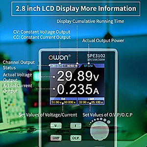 OWON SPE3102 Programmable Lab Power Supply (0-30V 0-10 A), 200w Bench DC Power Supply with 2.8inch LCD Display and Output Enable/Disable Button,Single Channel Output with PC Software and USB Charging