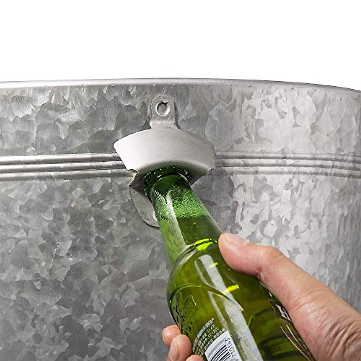 Glitzhome 26.29"H Oval Galvanized Beverage Tub with Stand, Farmhouse Metal Accent Cocktail Table Storage Bucket with Firwood Lid, 8 Gallons