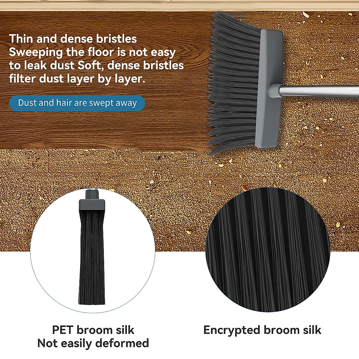 Kelamayi Heavy-Duty Broom Outdoor/Indoor Broom for Floor Cleaning with Long Handle,Large Angle Household Brooms for Home Kitchen Room Pet Hair Office Lobby – Gray