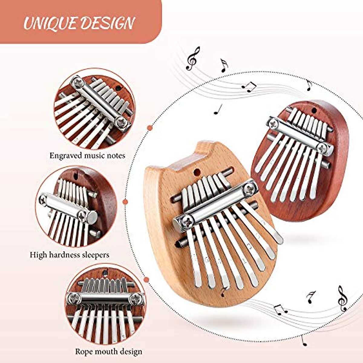 eBoot 10 Pieces 8 Keys Mini Piano Set Include Finger Thumb Piano with Lanyard Chain, Finger Protector and Cleaning Cloth Christmas Gift for Kids Adults Beginners(Oval, Cat Shaped, Wood)