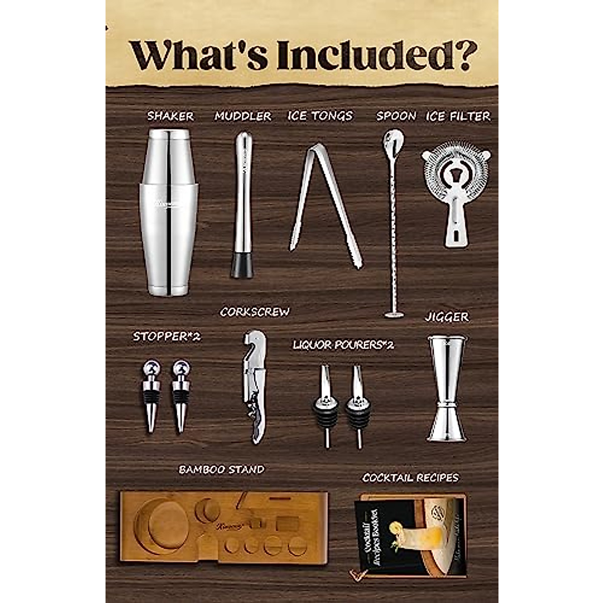 KITESSENSU Mixology Bar Kit with Stand | Complete 11-Piece Cocktail Shaker Set Bar Set for Inspired Drink Mixing Experience | Bartender Accessories for Home Bar Tools Set with Recipes Booklet