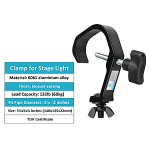 5 Pcs Black Truss Clamp Stage Lights Hook Fits Pipe OD 1.18-2"(30-51mm), Max.Load 132lb, Aluminum Alloy C Clamp for DJ Lighting Moving Head Spotlight, TUV certified