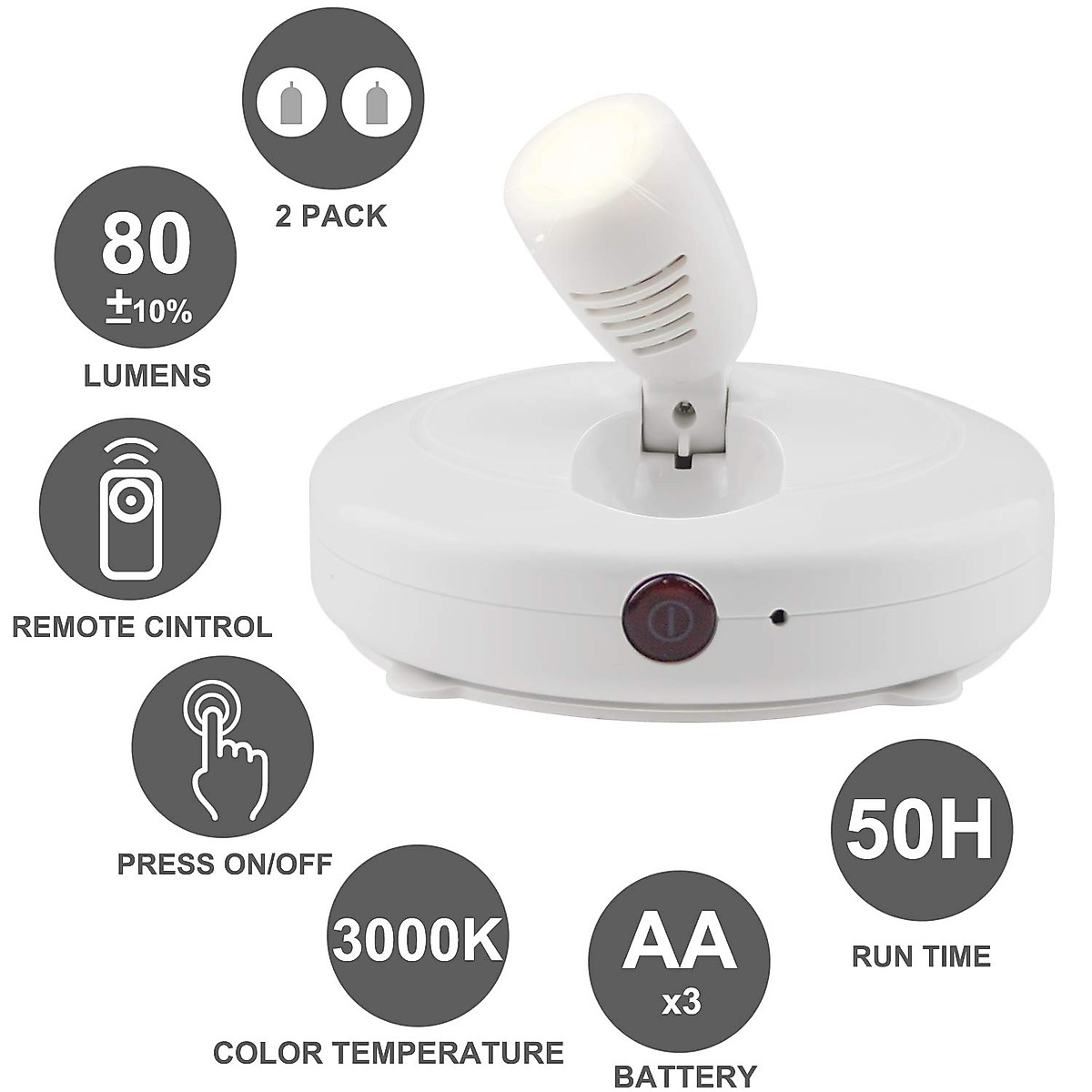 HONWELL Wireless LED Spotlights 2 Pack Accent Lights Puck Lights with 2 Remote, Indoor Closet/Picture Lights with Rotatable Head,Stick on Artwork Lighting for Paintings Display