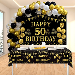 Trgowaul 50th Birthday Decorations for Men Women - Black Gold Happy 50th Birthday Backdrop Banner, 2 Pcs Happy Birthday Tablecloth, 60 Pc Latex Confetti Balloons, 50 Years Old Birthday Party Supplies