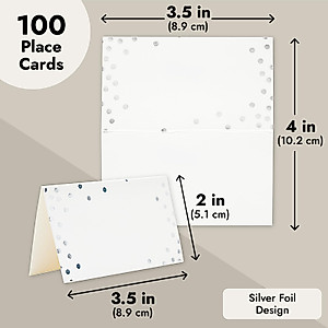 100 Pack Wedding Place Cards for Table Setting, Blank Table Name Cards, Silver Foil Polka Dot Place Cards for Birthday, Banquet, Events, Reserved Seating