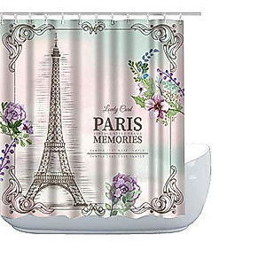 Amagical Paris Memories Eiffel Tower Pattern 3 Piece Shower Curtain Set Bathroom Mat Set Bath Mat Contour Mat Bath Curtain with 12 Hooks