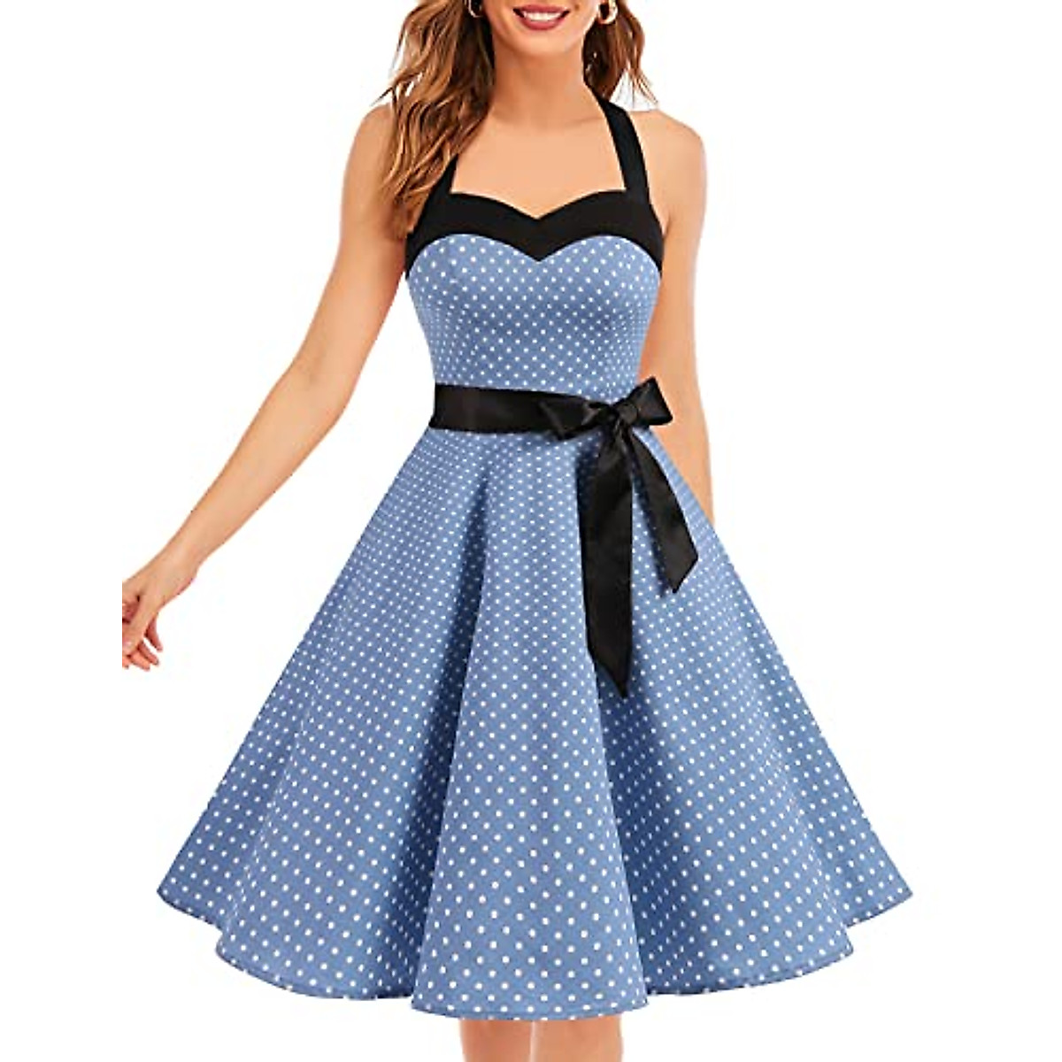 DRESSTELLS Women Vintage 1950s Cocktail Polka Dot Dress, 50s 60s Retro Pinup Formal Wedding Party Halter Rockabilly Swing Dress Blue Small White Dot S
