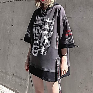 XYXIONGMAO Techwear Shirt Cyberpunk Japanese Streetwear Hip Hop Shirts for Men Graphic T Alphabet Design Workwear Casual Short-Sleeved Men's Loose Couple T-Shirt（Black-S）