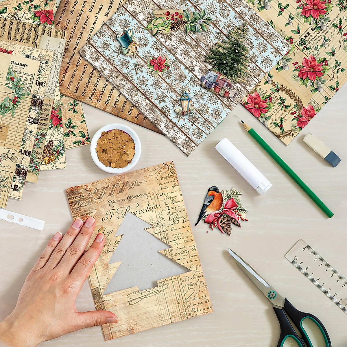 GLKTOPO Christmas Pattern Scrapbook Paper, 6 Inch Card Production Supplies, 24 Sheets Single Sided Acid-Free Cardstock Greeting Card, Handmade Gift Journaling Craft Kits (E-style)