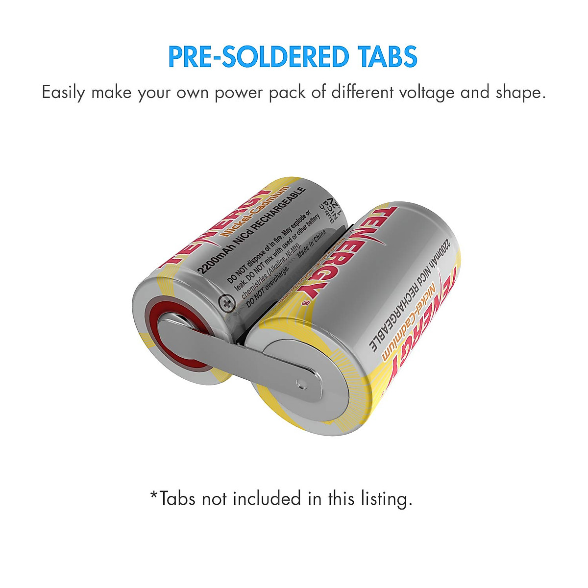 Tenergy SubC 2200mAh NiCd Flat Top Rechargeable Battery (No Tabs) - 15 Pack