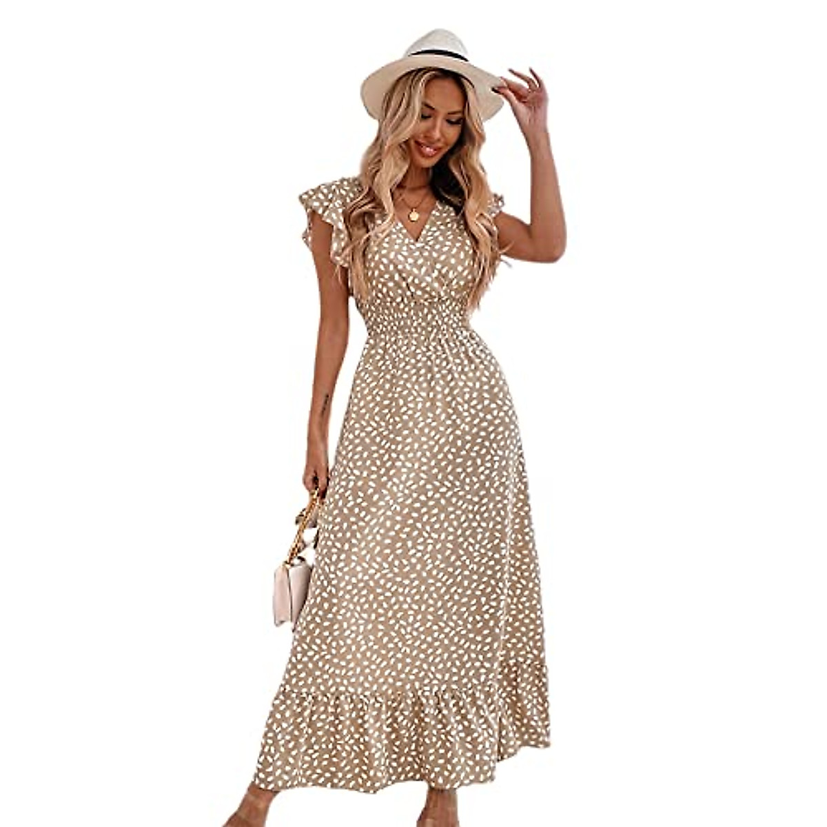 MakeMeChic Women's Allover Print Ruffle Sleeve V Neck Ruffle Hem A Line Summer Maxi Dress Khaki L