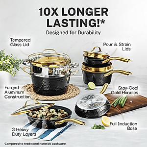 Granitestone 15 Pc Ceramic Pots and Pans Set Non Stick, Kitchen Cookware Sets, Pot and Pan Set, Ceramic Cookware Set, Non Stick Pots and Pan Set with Induction Cookware, Dishwasher Safe, Black