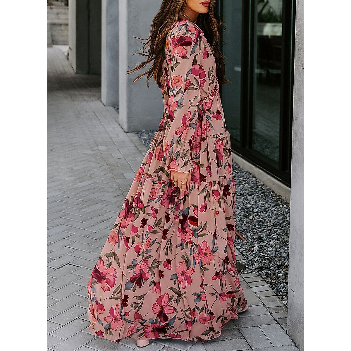 BLENCOT Womens Casual Floral Deep V Neck Long Sleeve Long Evening Dress Cocktail Party Maxi Wedding Dresses Floral Pattern Red Small