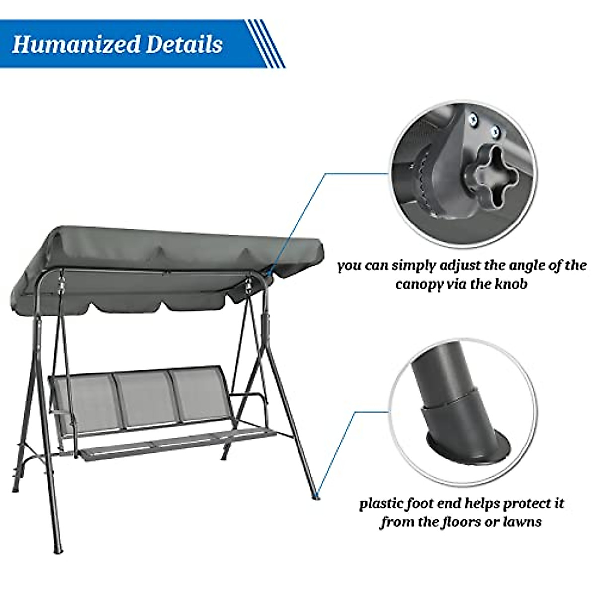 VINGLI Heavy Duty 550 LBS Upgraded 3 Person Outdoor Porch Swing with Stand, Adjustable Canopy Swing with Textilene Fabric & Steel Frame for Yard, Pool, Lawn, Indoors (Grey)