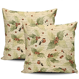 LEKAIHUAI Home Decoration Throw Pillow Covers Christmas Watercolor Holly Berries and Bullfinch Pillowcases Square Two Sides Print 22x22 Inches Set of 2