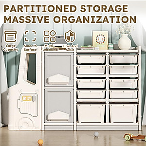 Runboll Toy Storage Organizer Bookshelf Multipurpose Toys Organization Chest Car with 10 Bins 2 Cabinets and 2 Shelves for School, Bedroom, Playroom or Nursery