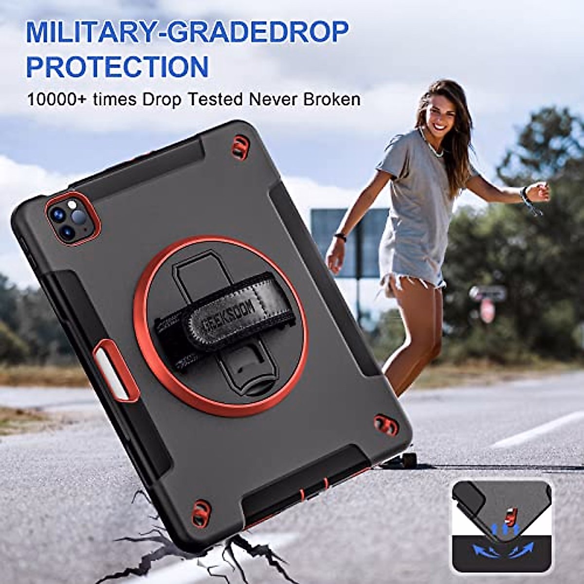 GEEKSDOM iPad Pro 12.9 Case 6th Generation 2022: Military Grade Heavy Duty Shockproof Cover for iPad Pro 12.9 Inch 2021 5th Gen-Pencil Holder-Rotating Stand-Hand/Shoulder Strap-Red