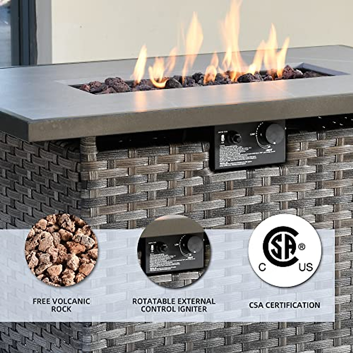 ovios Patio Furniture Set 7 PCS Outdoor Wicker Rattan Sofa Set with 360 Degree Swivel Rocking Chairs 42 Inch Rectangle Gas Fire Pit Table Garden Backyard Porch (Denim Blue-Grey)