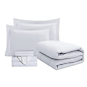 Cathay Home Basic Bedding Home Essential Ultra Soft Light Weight 8PC Wrinkle Resistant Microfiber Bed in a Bag Set (Includes Complete Sheet Set, Comforter Set & Bedskirt) - Full, White