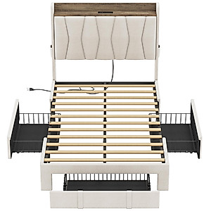 ANCTOR Twin Bed Frame with 3 Drawers, Upholstered Platform Bed with Storage Headboard and Charging Station, No Box Spring Needed, Easy Assembly, Beige