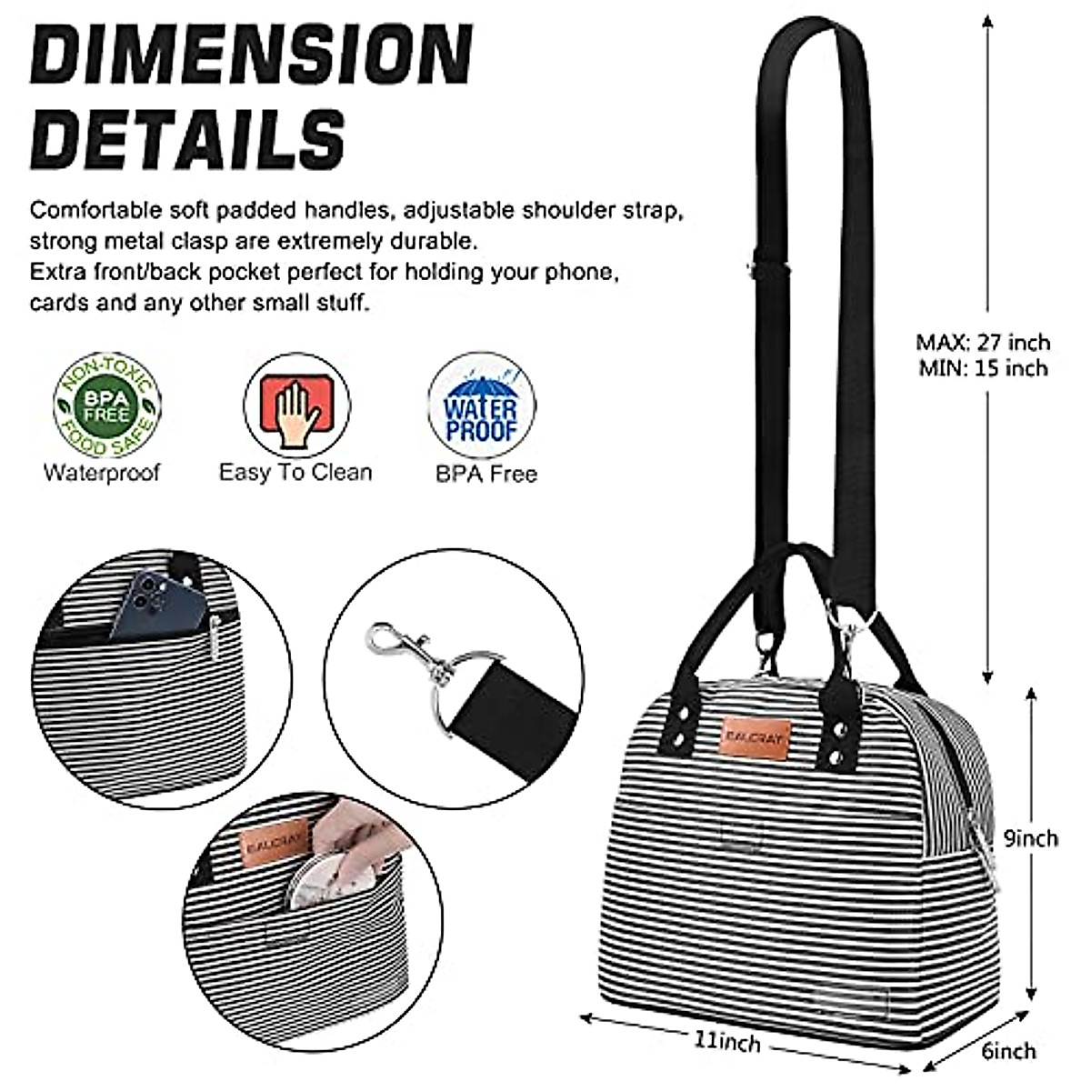 BALORAY Reusable Lunch Bag for Women Men Leakproof Multi-functional with Shoulder Strap Adult Lunch Box Thermal Cooler Bag Lunch Container for Women Men Work Picnic (Black White Strip)