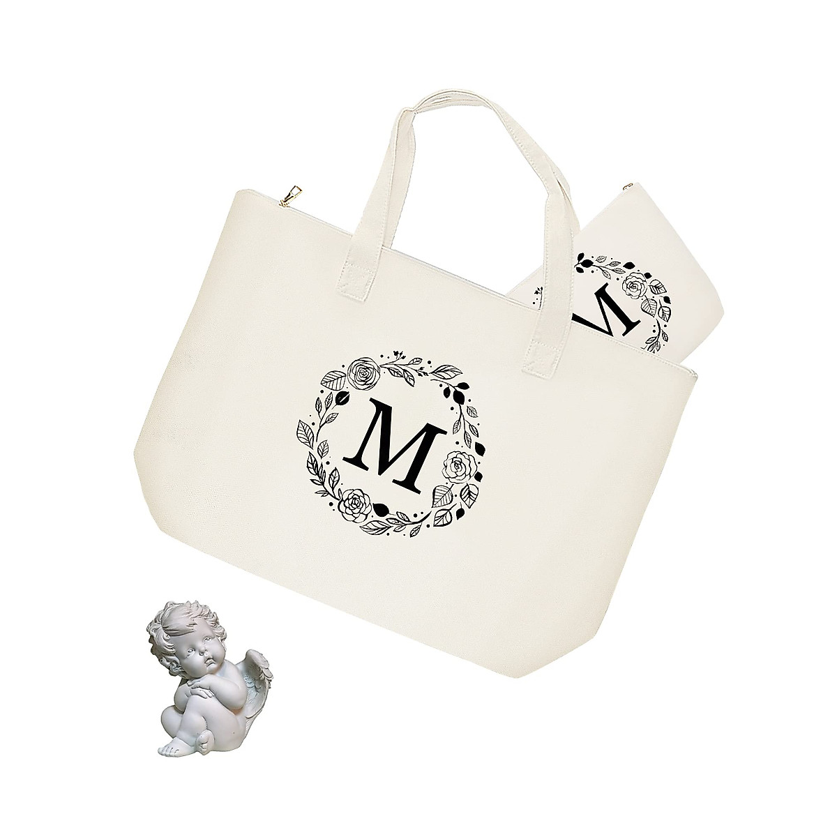 Binggemen Personalized Initial Canvas Tote Bag with Zipper, Present Bag with Inner Pocket & Make Up Bag, Great Gifts for Women, Mom, Teachers, Friends, Bridesmaids