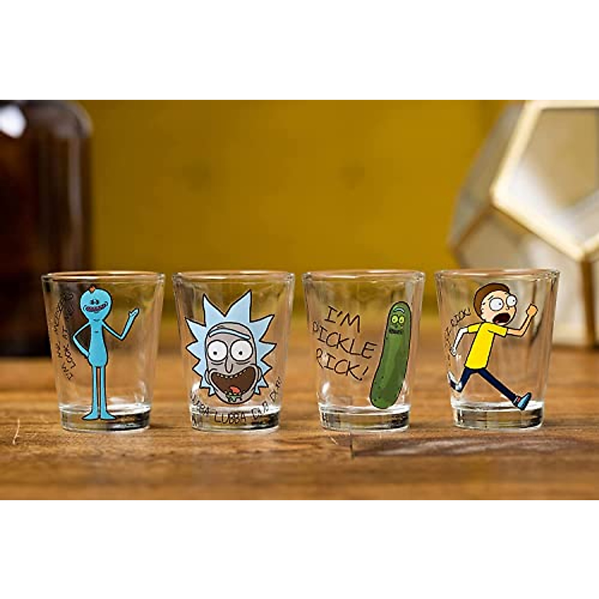 Silver Buffalo Rick and Morty Character Phrases 4-Pack Mini Glass Set, 1.5-Ounce