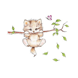 Woodland Arts Wland 28 inches x 22 inches Cartoon Cute Cat on The Tree Branches Wall Decals Wall Stickers Decor Girls Bedroom Decal Kids Nursery Sticker Bathroom Playroom