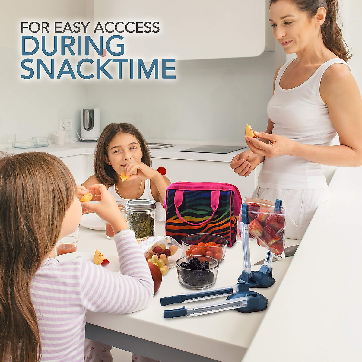 Exultimate Adjustable Baggy Clip Freezer Bag Holder Stand, Sandwich Bag Holder for Easy Meals Prep, Food Bag Holder Clip to Secure Foods and Liquids while Prepping with Non Slip Base, Blue