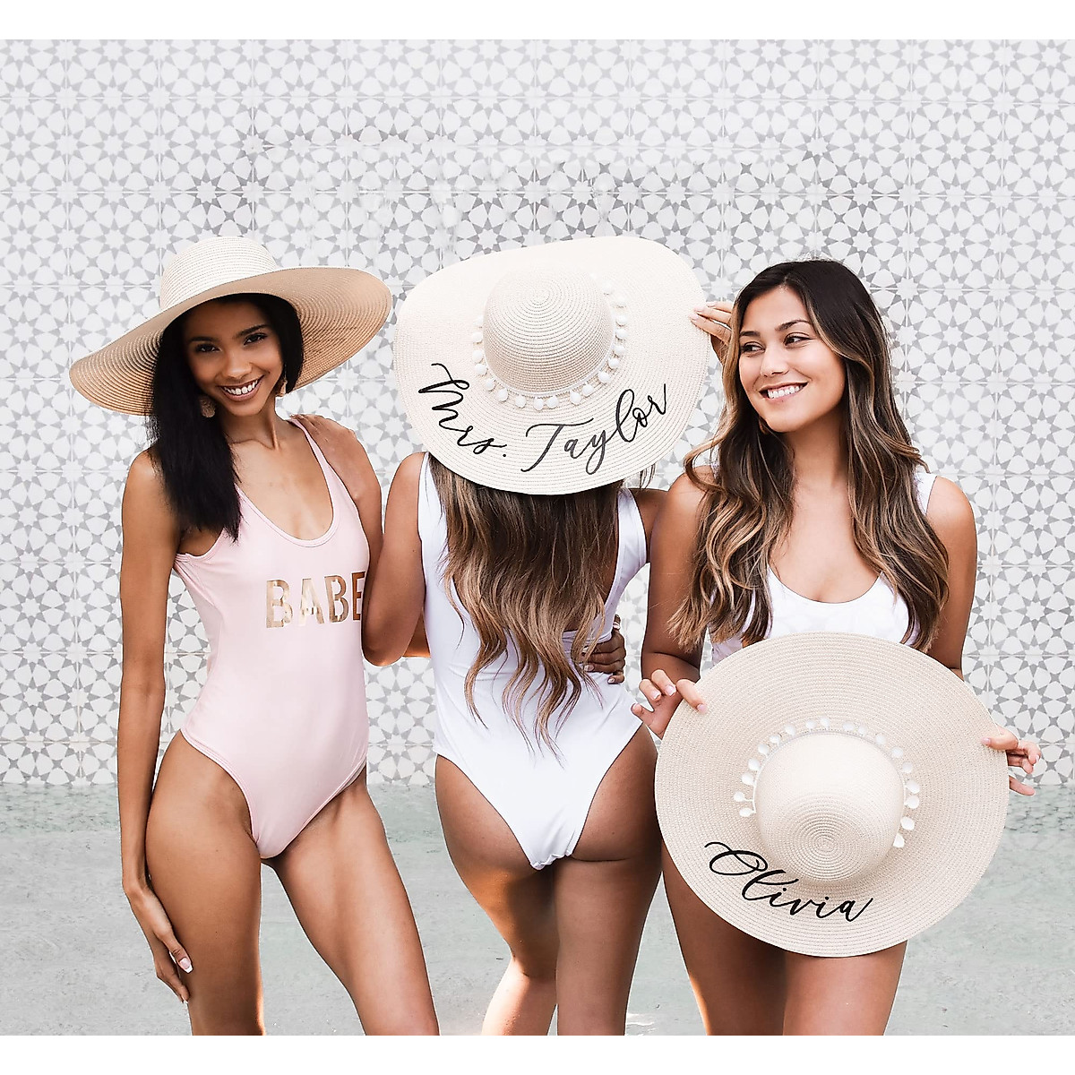 Personalized Beach Hat | Custom Tan Hat with White Poms | Women’s Floppy Hat | Mrs Honeymoon Foldable Sun Hat for Bride