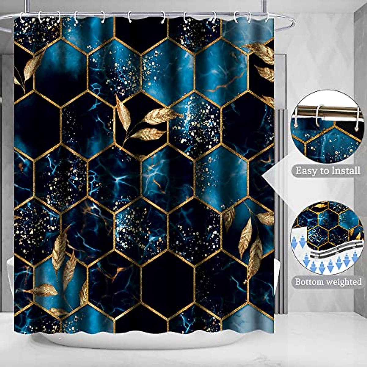 Poedist 4 Pcs Bathroom Shower Curtain Set,Bathroom Sets with Rugs(Bath Mat,U Shape and Toilet Lid Cover Mat) and 12 Hooks,Sky Blue Honeycomb Marble