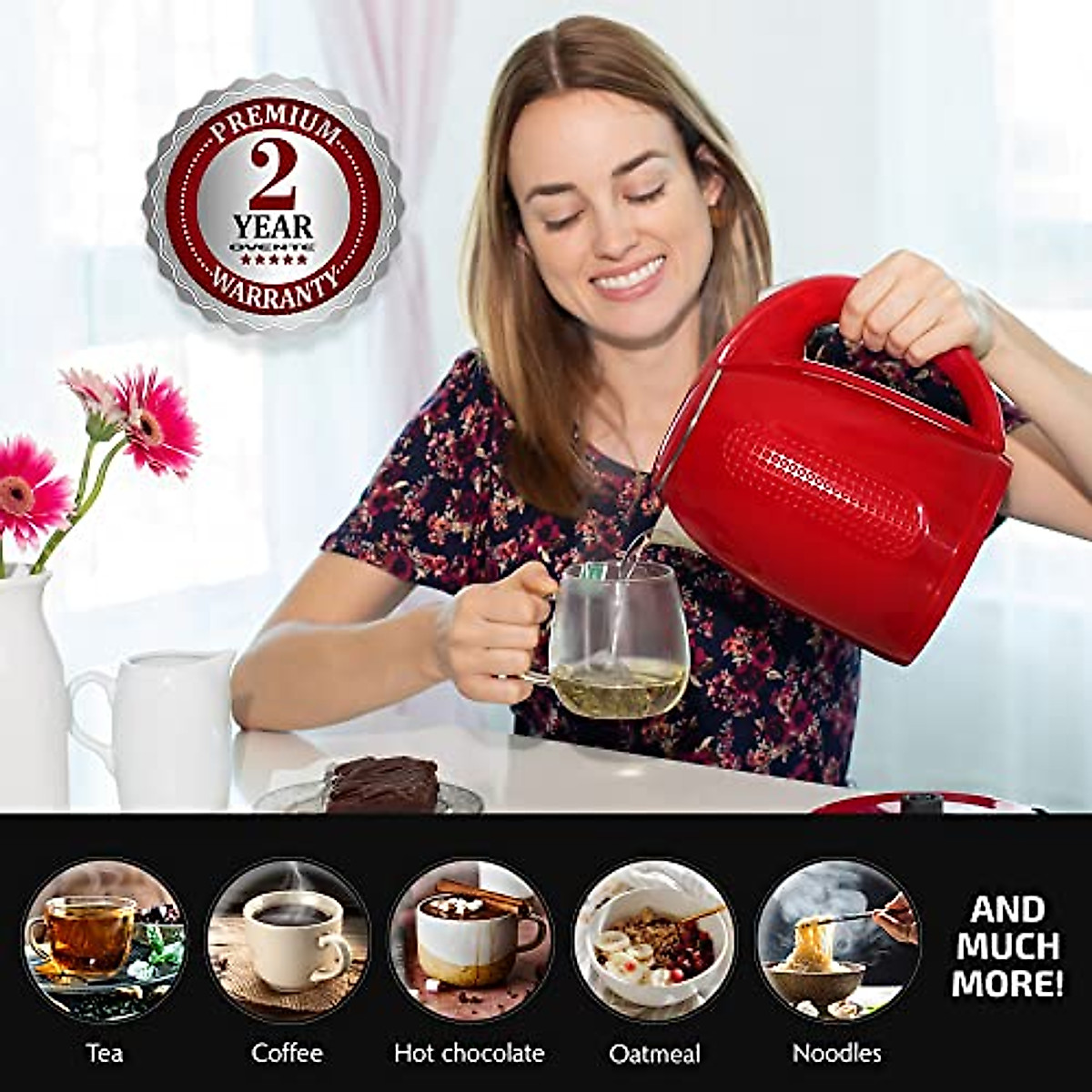 OVENTE Portable Electric Kettle Stainless Steel Instant Hot Water Boiler Heater 1.7 Liter 1100W Double Wall Insulated Fast Boiling with Automatic Shut Off for Coffee Tea & Cold Drinks, Red KD64R