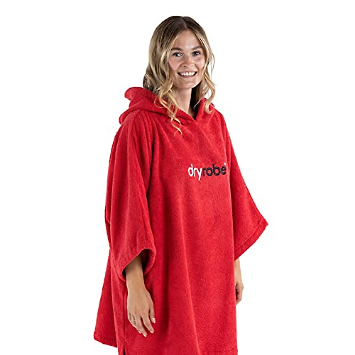 Dryrobe Towel Swim Robe - Hooded Surf Poncho Changing Robe - Organic Cotton - for Swimming, Beach, Surfing - Short Sleeve (Kids 5-9 - Red)