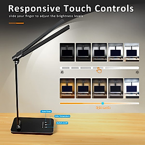 Smaeti LED Home Office Dimmable Desk Light with USB Charging Port, 5 Color Modes with 6 Brightness Levels,Auto Timer, Eye-Caring Desk Lamp for Dorm Study Reading