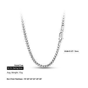 Meilanduo Solid 925 Sterling Silver 3mm Round Box Chain Necklace 18, 20, 22, 24, 26, 28 Inch for Men Women (20)