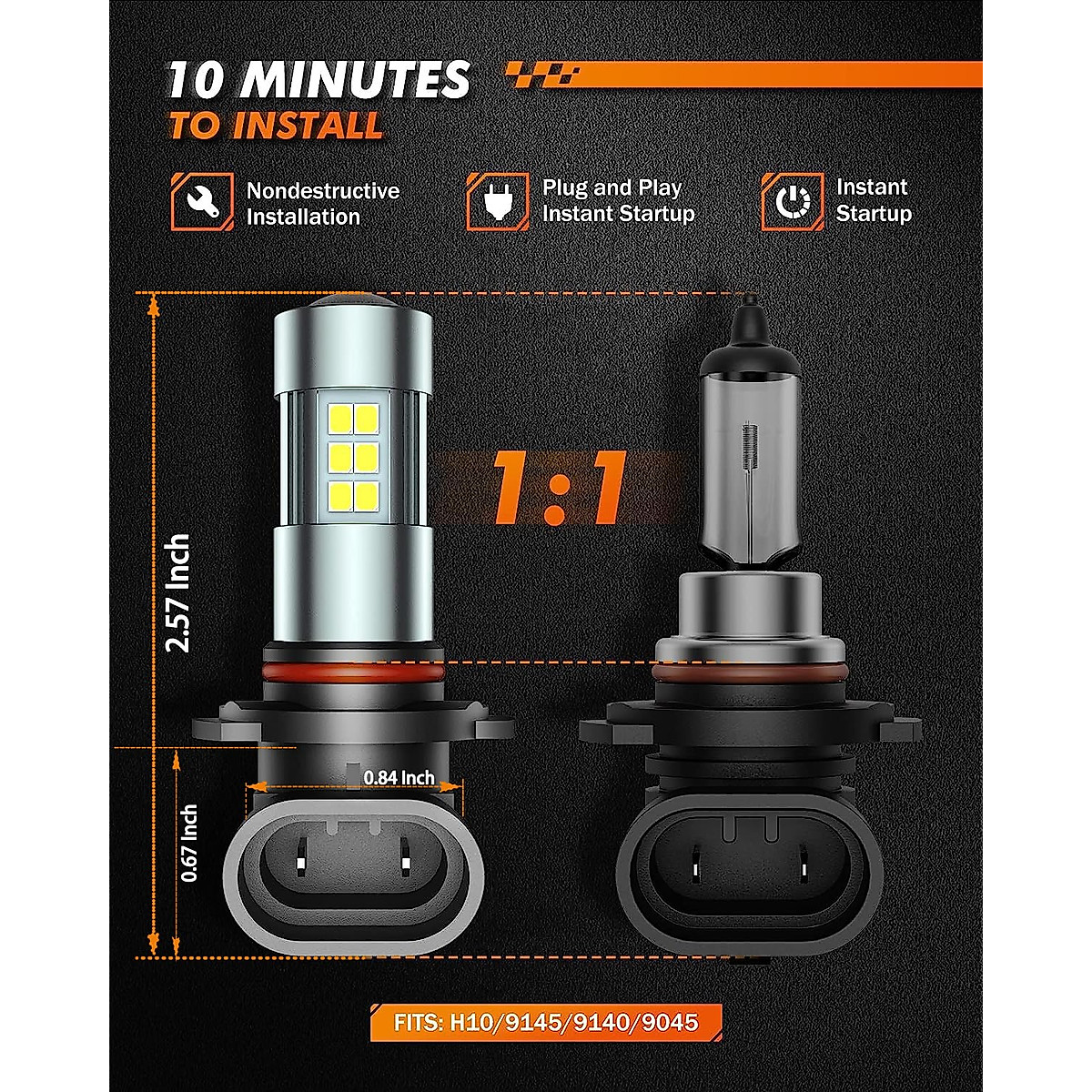 SEALIGHT H10/9145/9140 LED Fog Light Bulbs, 6000K Xenon White, 27 SMD Chips, 360-degree Illumination, Non-polarity, Pack of 2