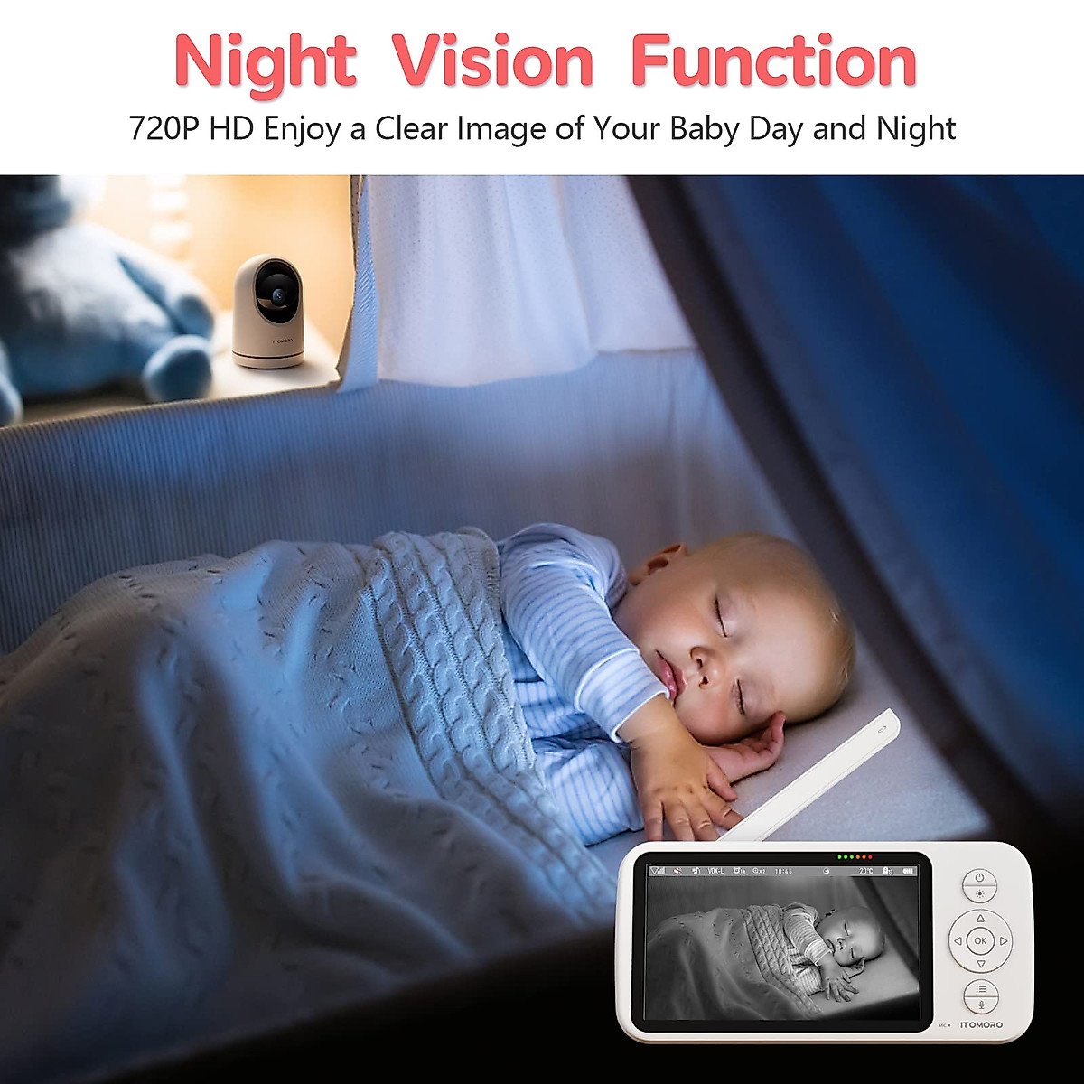 Itomoro Baby Monitor with 2 Cameras, 5" HD Split-Screen Video Baby Monitor Camera with Remote PTZ, 110° Wide Angle Lens, 2-Way Talk, 4X Zoom, Night Vision, 1000ft Range, 22h Battery Life, Lullabies