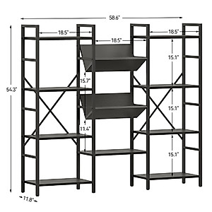 GAOMON Triple Wide 4 Tier Book Shelf, 54.3” Large Bookcase with 11 Open Shelves, Industrial Bookshelves and Bookcases with Metal Frame for Home Office, Study Room, Living Room-Black