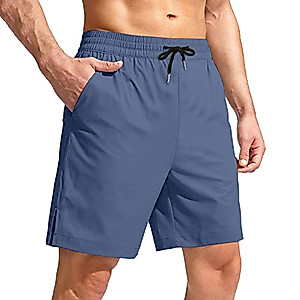 Male Summer Solid Color Zipper Pockets Striped Pants Pocket Drawstring Loose Casual Sports Running Pt Shorts (1-Navy, L)