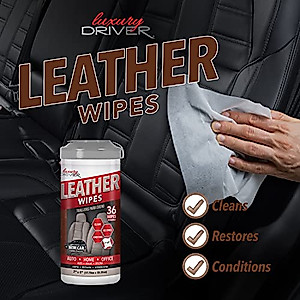 Luxury Driver All-Purpose Leather Wipes for Car Seats Leather Cleaning Wipes, Leather Car Seat Cleaner, Leather Wipes for Couch, Car Interior, Shoes and Purses - New Car Smell (36 Ct Canister)