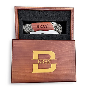 Krezy Case Personalized Engraved Pocket Knife, Engraved Folding Pocket Knife with Wooden Box, 7.25in Engraved Pocket Knife, Hunting Knife For Men