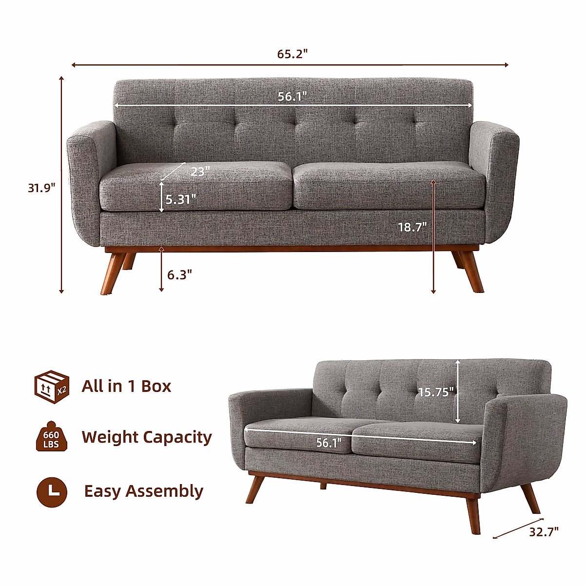 Kingfun 65.2" W Loveseat Sofa, Mid Century Modern Decor Love Seat Couches for Living Room, Button Tufted Upholstered Furniture, Solid & Easy to Install Small Couch for Bedroom Office Apartment, Grey
