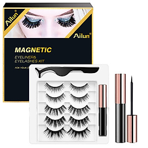Ailun Magnetic Eyeliner and Eyelashes Kit Volume Fluffy Natural look False Eyelashes 5 Pairs Wispies Long Extension Eyelashes with Tweezers,Easy to Wear,Resuable and No Glue